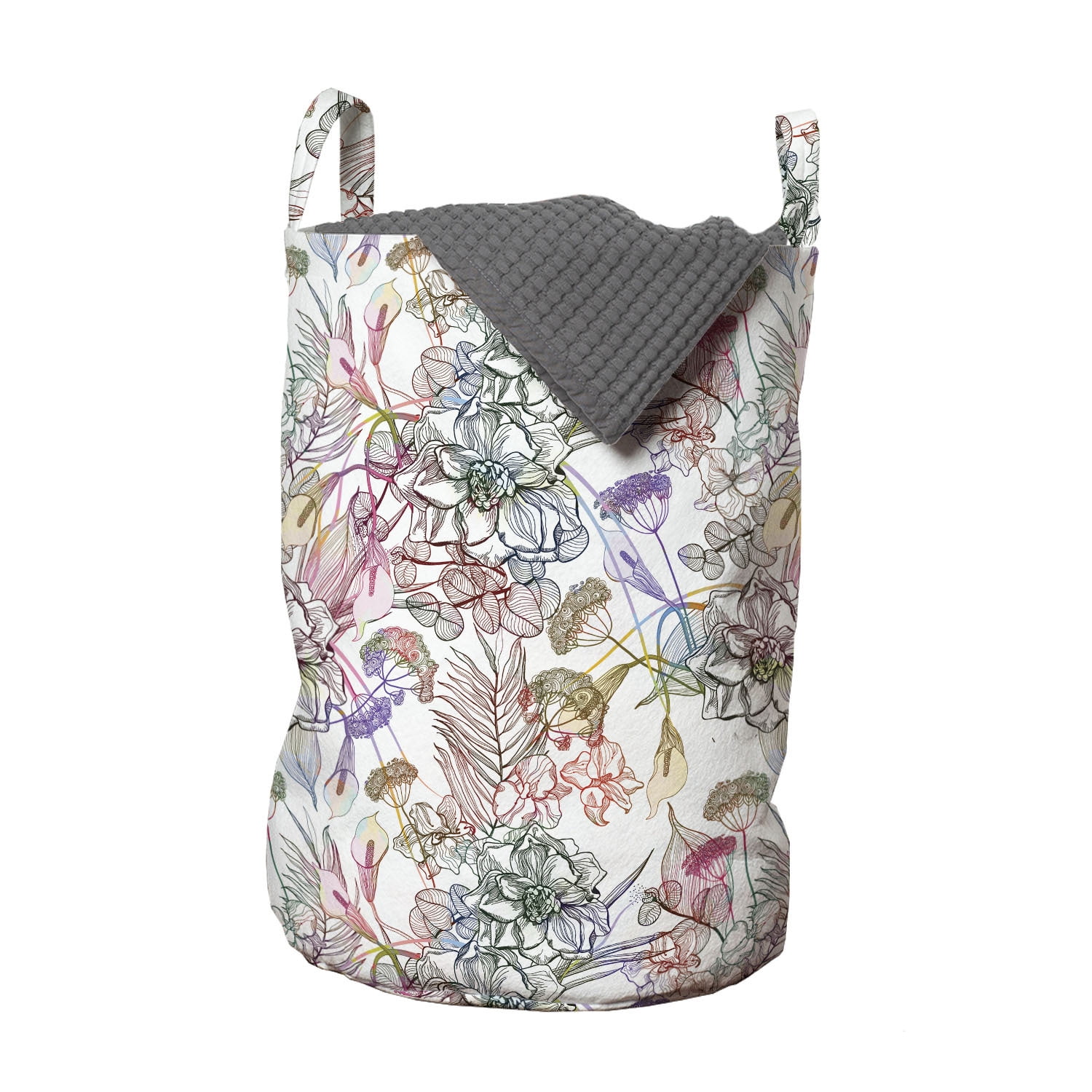 Floral Laundry Bag, Hand Drawn Style Flowers Blossoms and Leaves ...