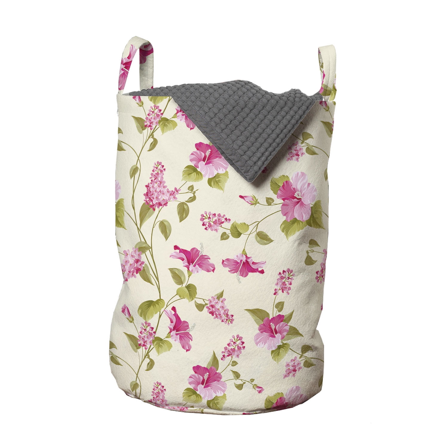 Floral Laundry Bag, Pattern of Blossoming Romantic Flowers with Leaves ...