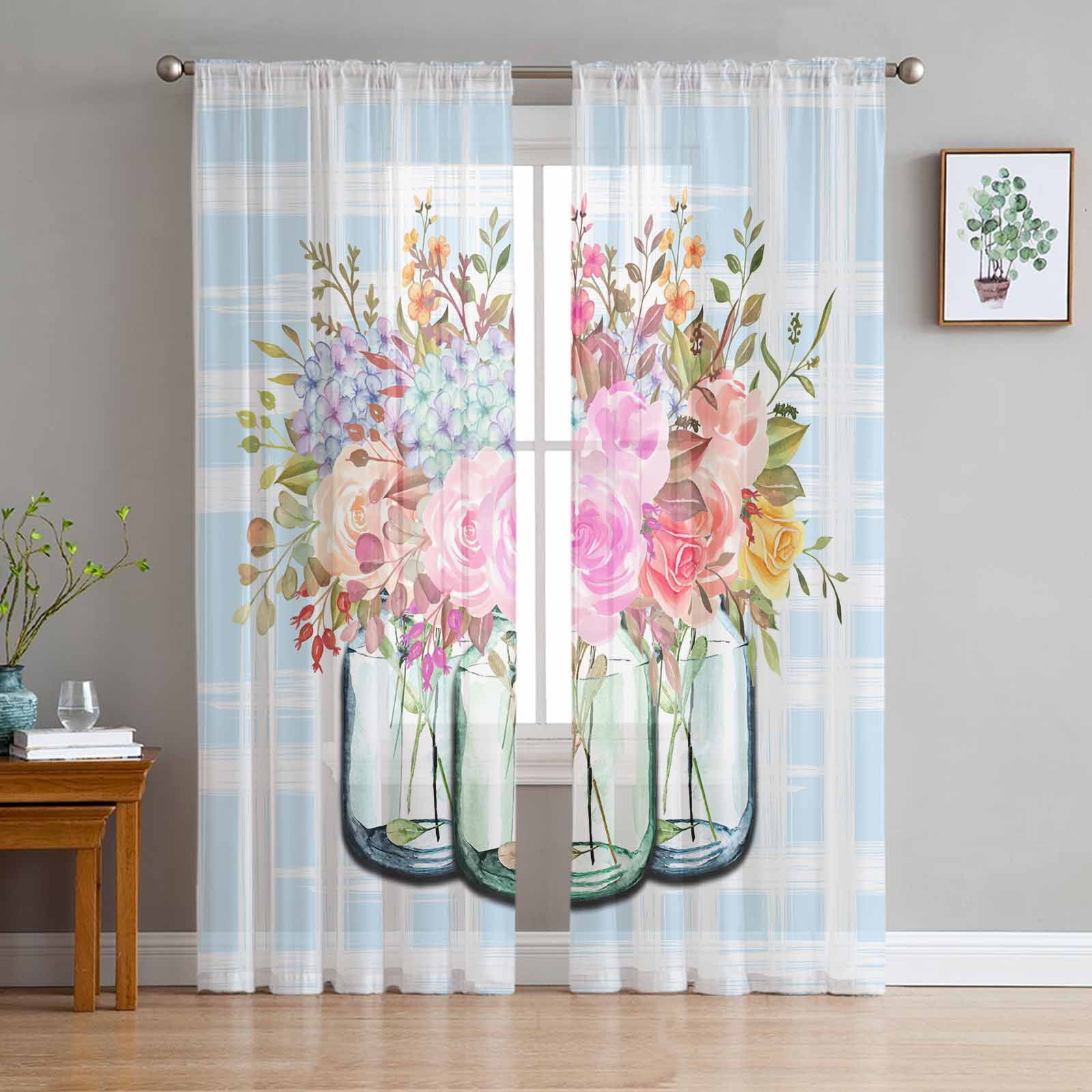 Floral Leaf Grid Gradient Tulle Curtains for Living Room Bedroom Sheer ...