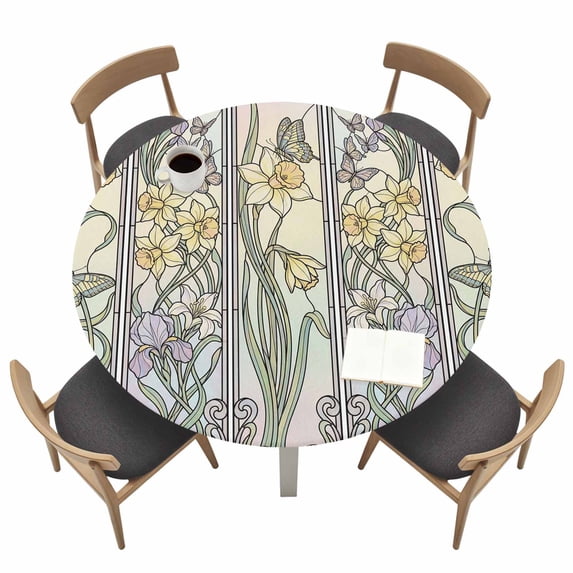 Floral Leaf Round Fitted Tablecloth with Elastic Edge Retro Yellow ...