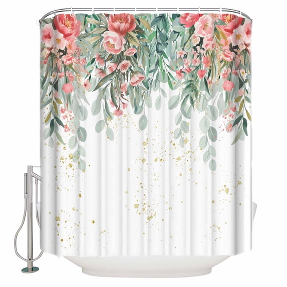 Floral Leaves Bathroom Shower Curtains with 12 Hooks Polyester ...