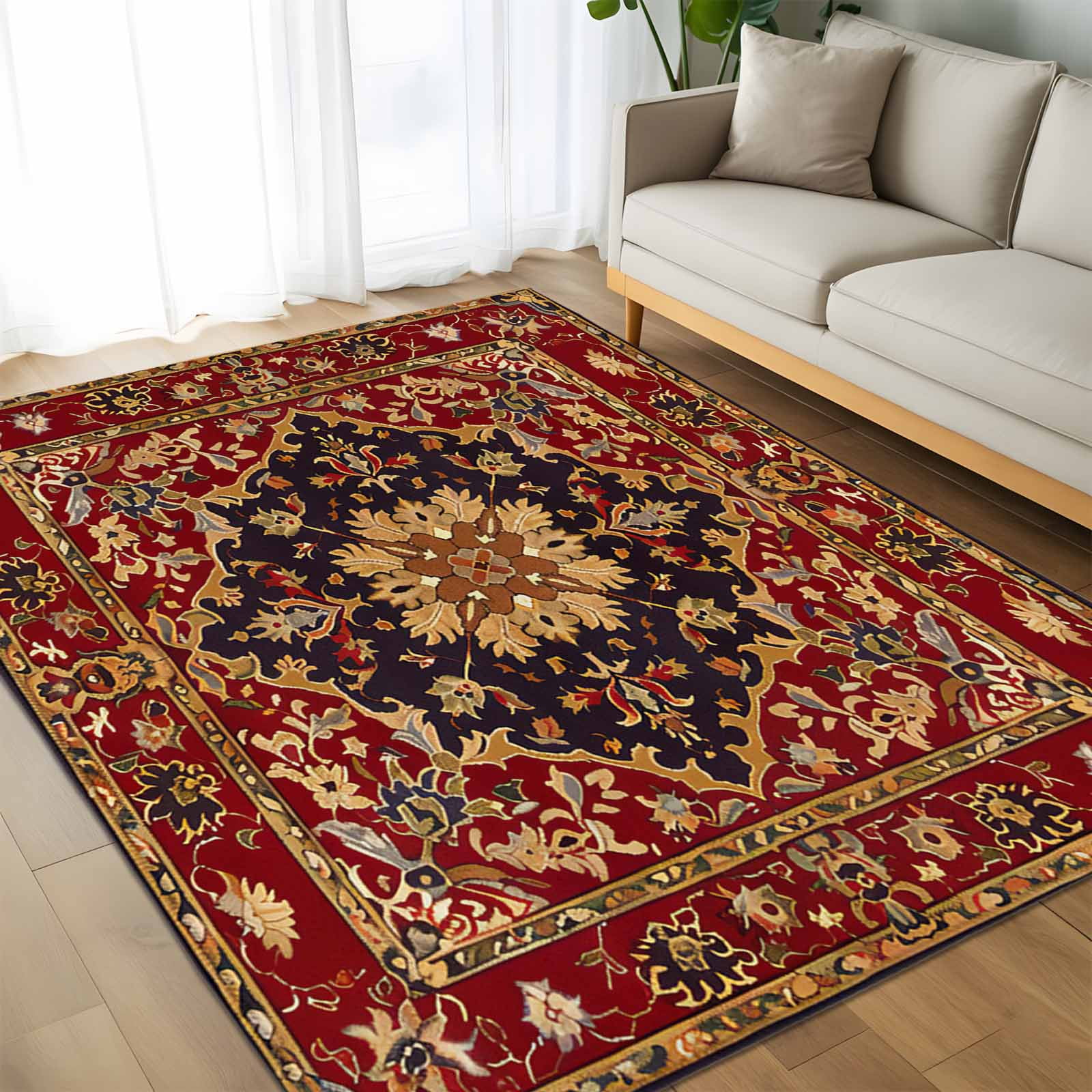Floral Leaves Frames Vintage Mid Century Afghan Black Wheat Red Floor ...