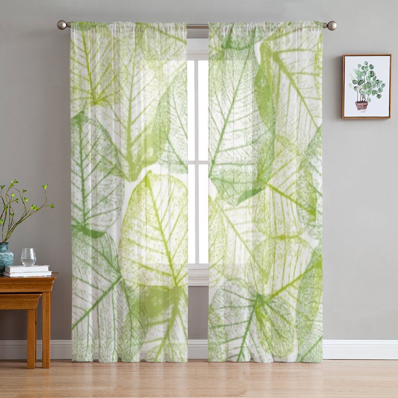 Floral Leaves Green Tulle Sheer Window Curtains For Living Room The ...