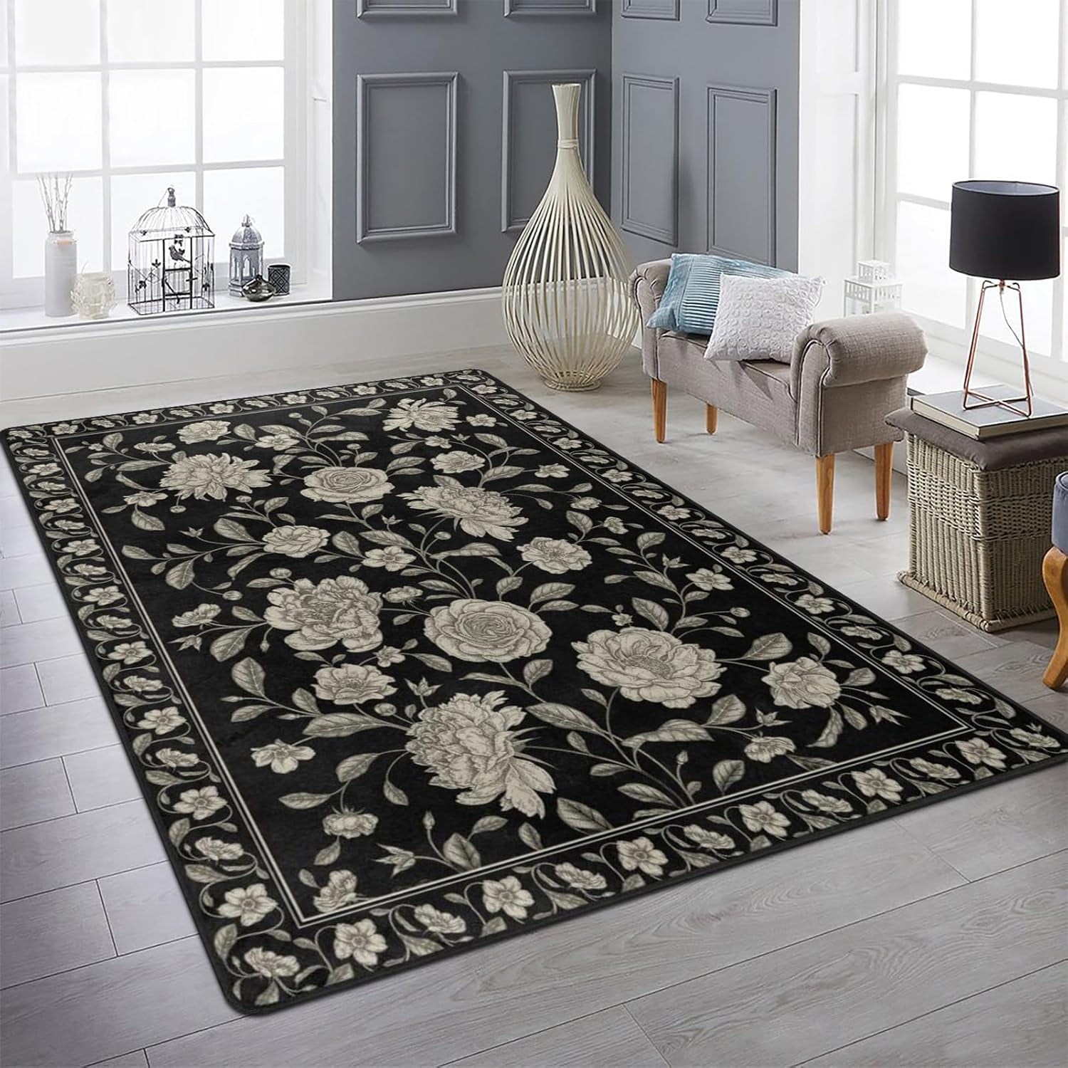Floral Leaves Living Room Area Rug - Black & Beige Flowers And Blooming ...