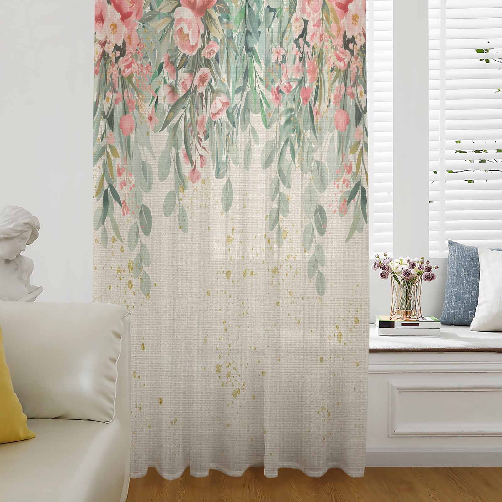 Floral Leaves Semi Sheer Curtains Drapes for Living Room,Bedroom,French ...