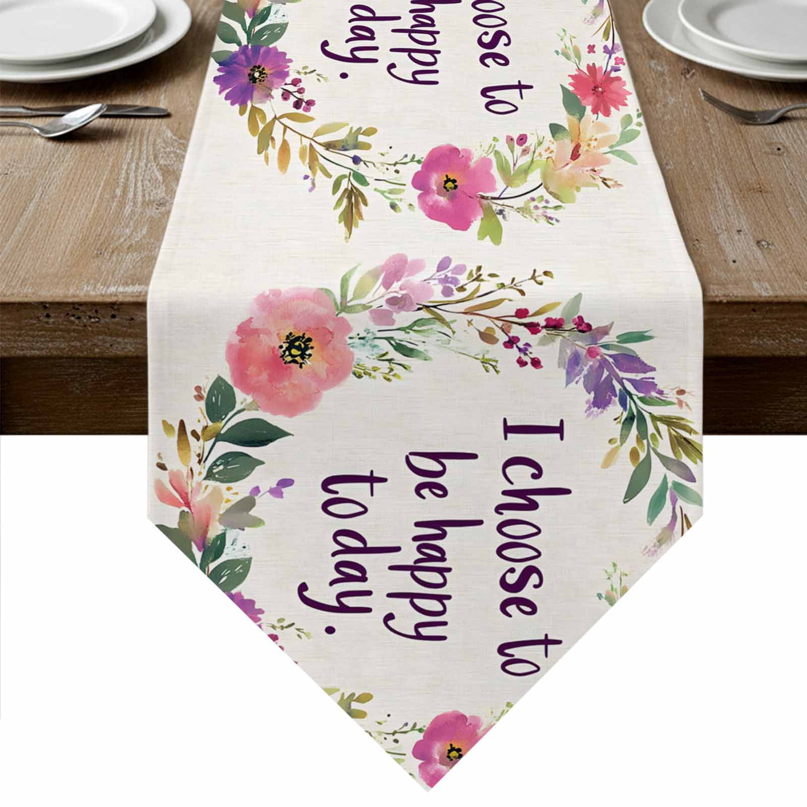 Floral Leaves Wreath Table Runner Linen Burlap Table Runner 72 Inches ...