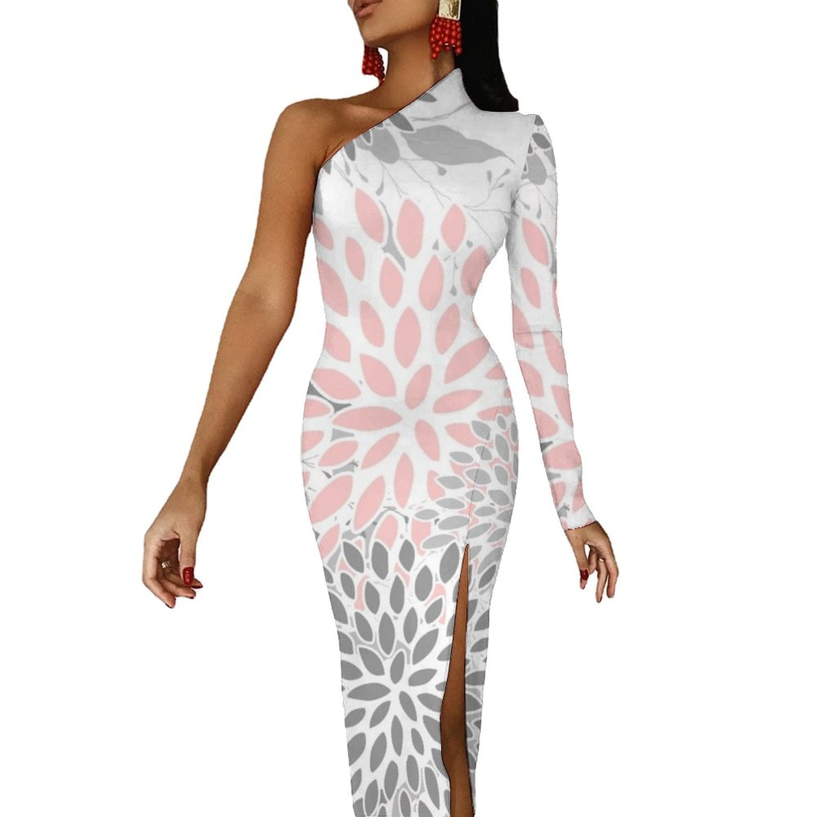 Floral Leaves and Blooms Soft Pink Gray and White Half Dleeve Split ...