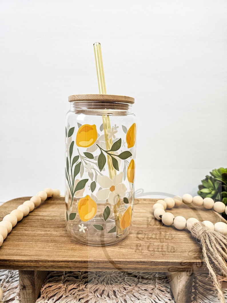 Floral Lemon Iced Coffee Glass, Fruit Design Cups, Lemonade Glass, 12 ...