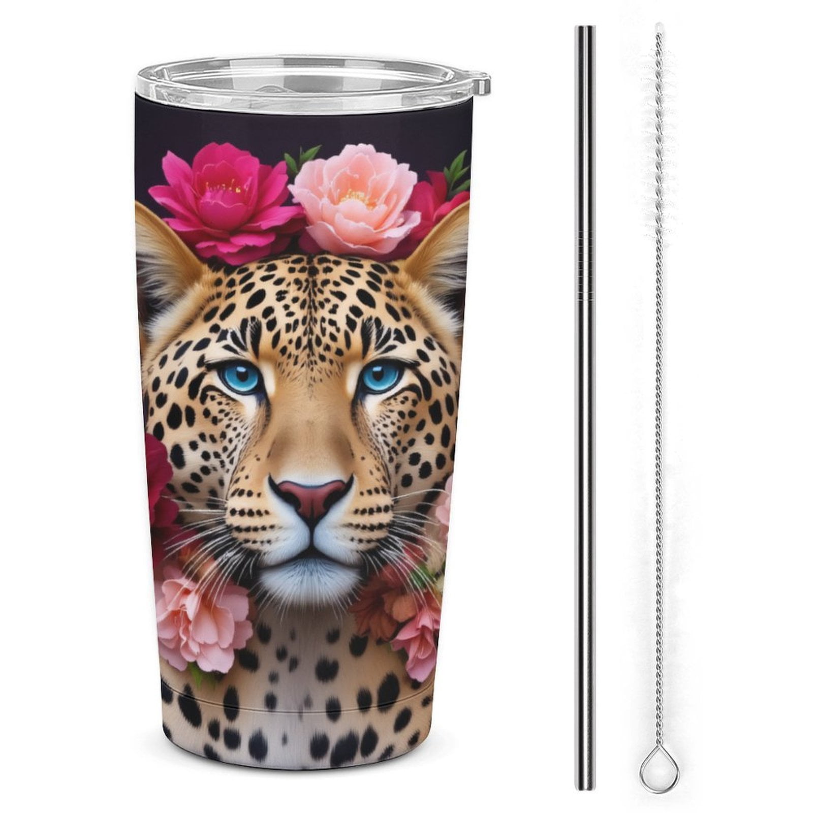 Floral Leopard Portrait 20oz Tumbler with Lid And Straw Insulated Mug ...