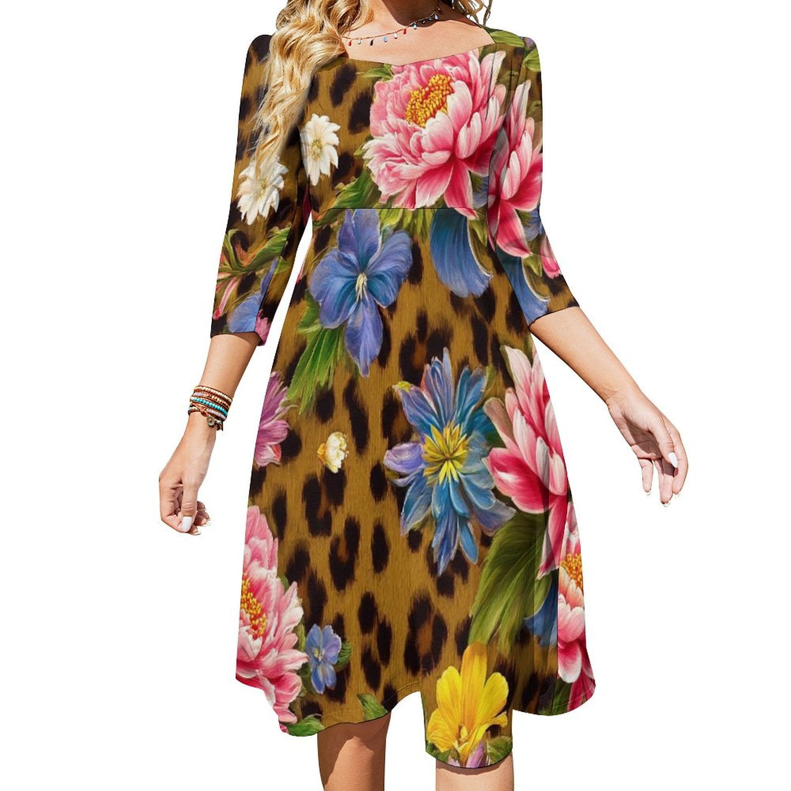 Floral Leopard Print Vibrant Blooms Womens Summer Dress Tie Back A Line ...