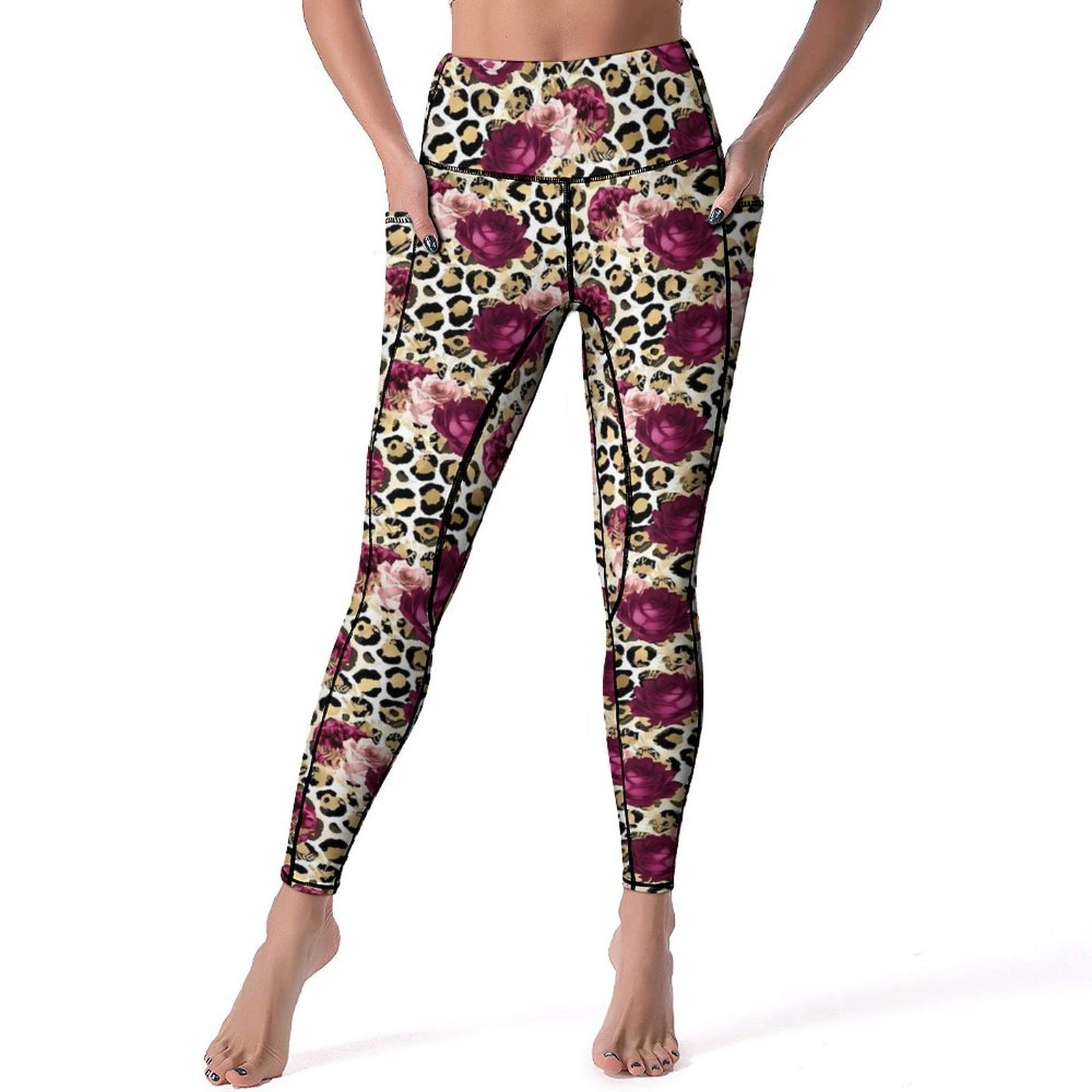 Floral Leopard Print Yoga Pants Sexy Red Roses Pattern Leggings High ...