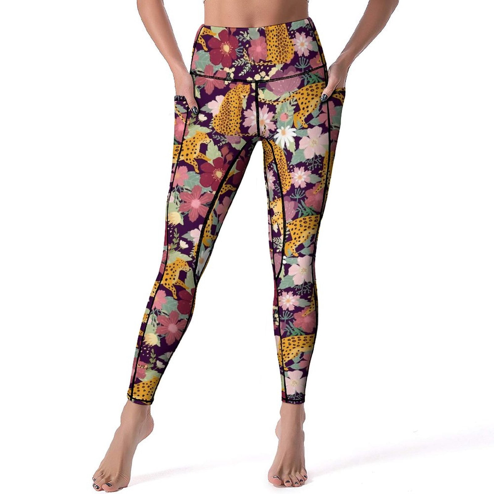 Floral Leopard Print Yoga Pants Sexy Red Roses Pattern Leggings High ...