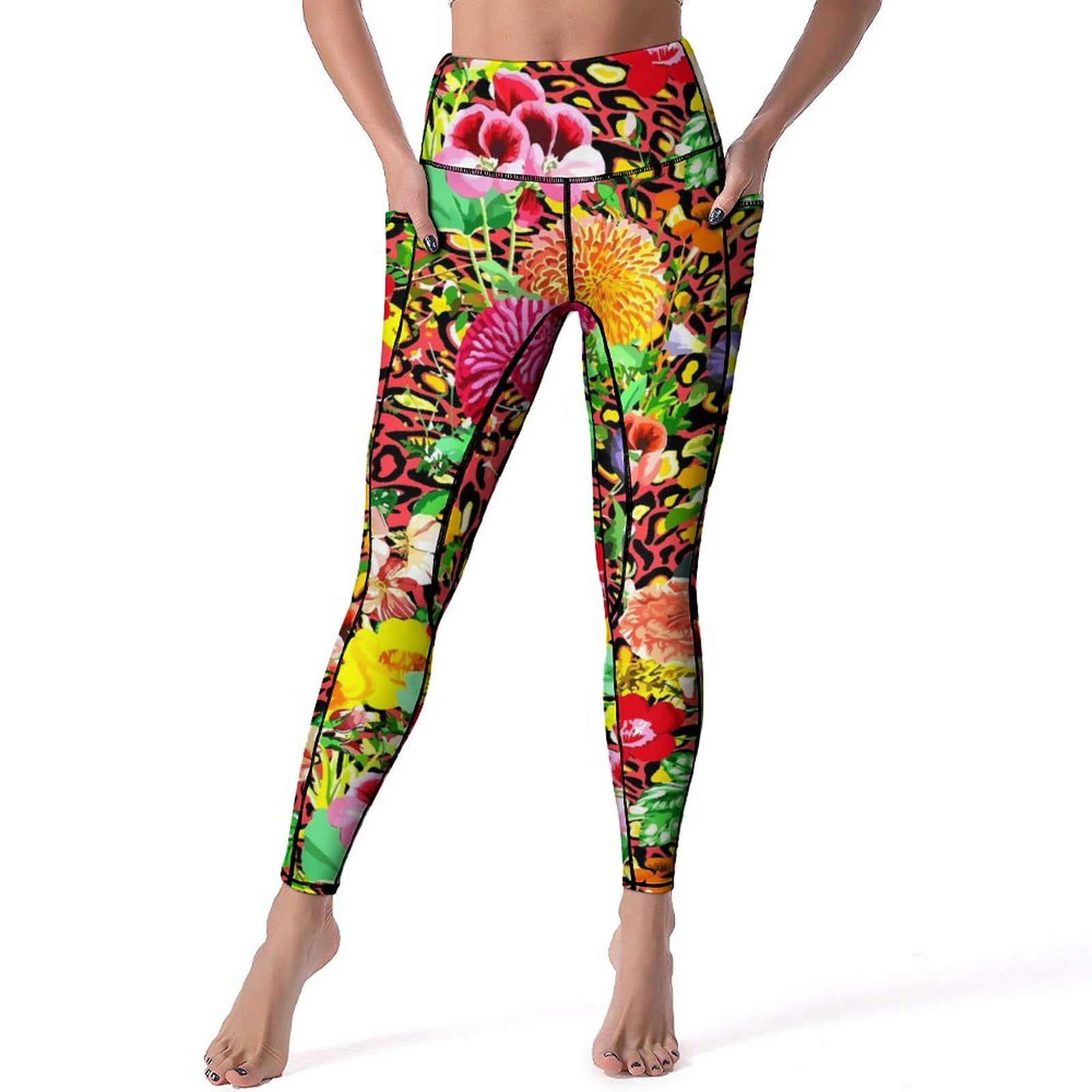 Floral Leopard Print Yoga Pants Sexy Red Roses Pattern Leggings High ...