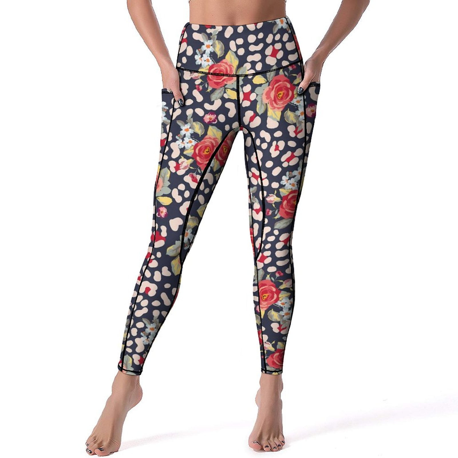 Floral Leopard Print Yoga Pants Sexy Red Roses Pattern Leggings High ...