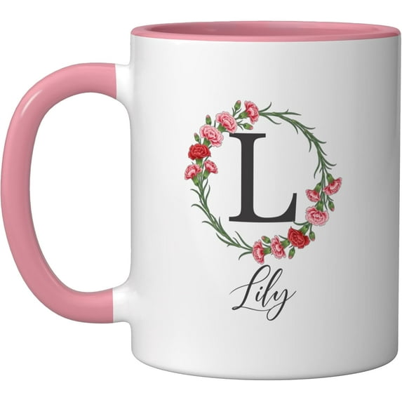 Floral Lily Name Flower PerS1onalized Name Lily Ceramic Mug, PinkWhite ...