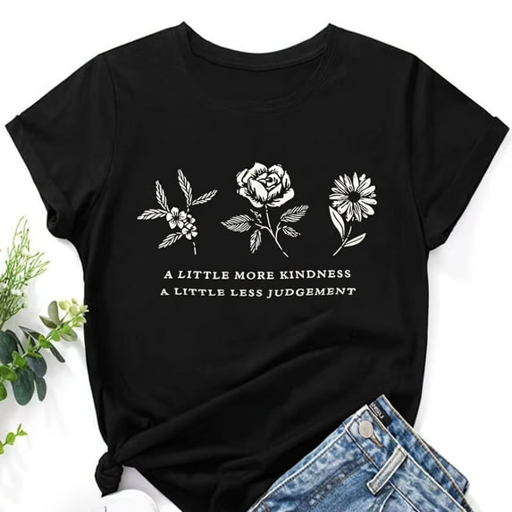 Floral Line Art Graphic Tee with Inspirational Kindness Quote Botanical ...