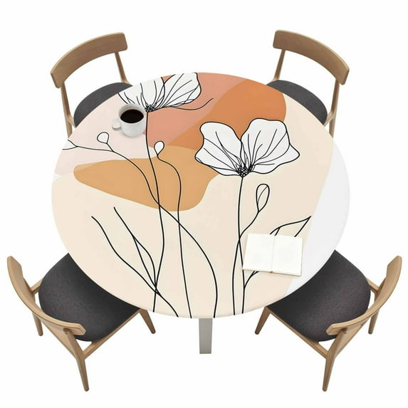 Floral Line Round Fitted Tablecloth with Elastic Edge Color Block Table ...
