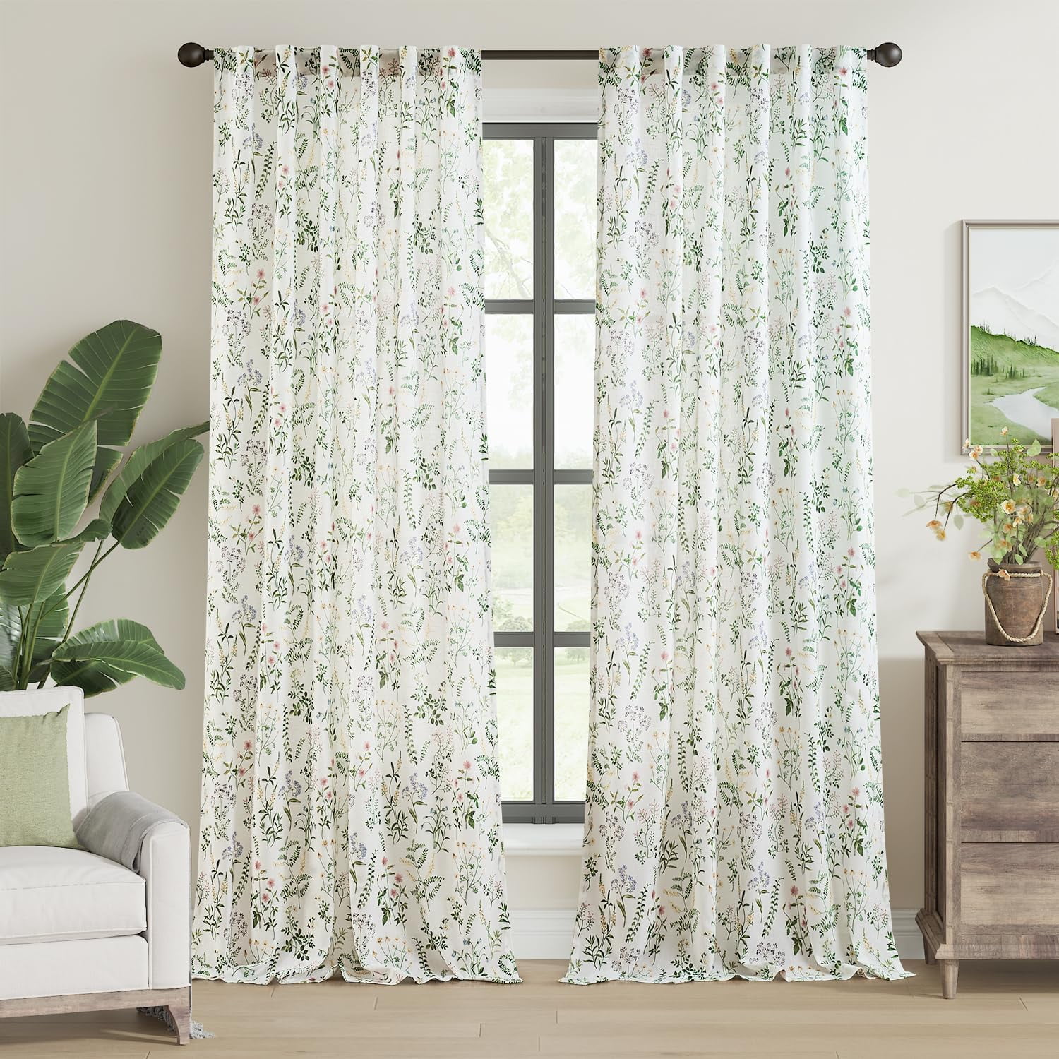 Floral Linen Blend Curtains for Living Room 96 Inch Length French ...