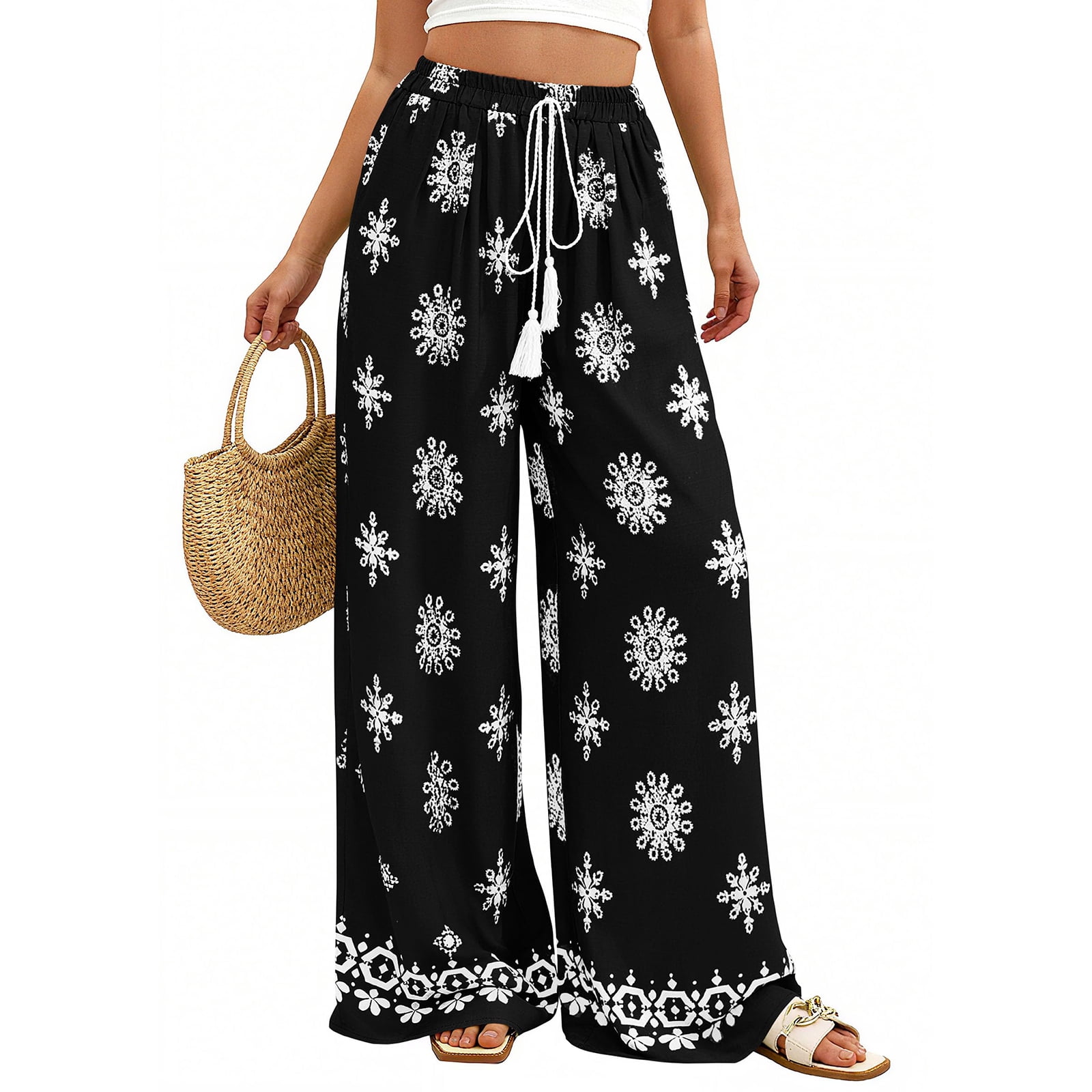 Floral Linen Pants for Women 2025 Spring Summer Wide Leg Boho Palazzo ...