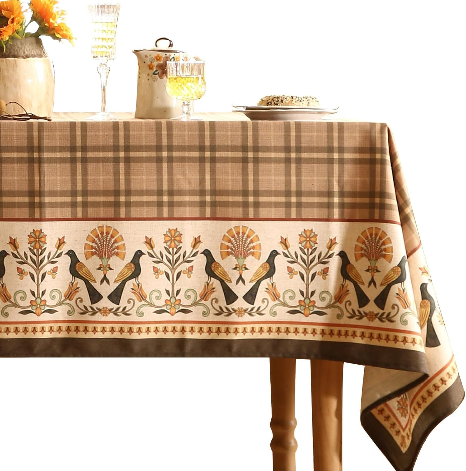 Floral Linen Tablecloth, Vintage Italian Style Plaid Rectangle Table ...