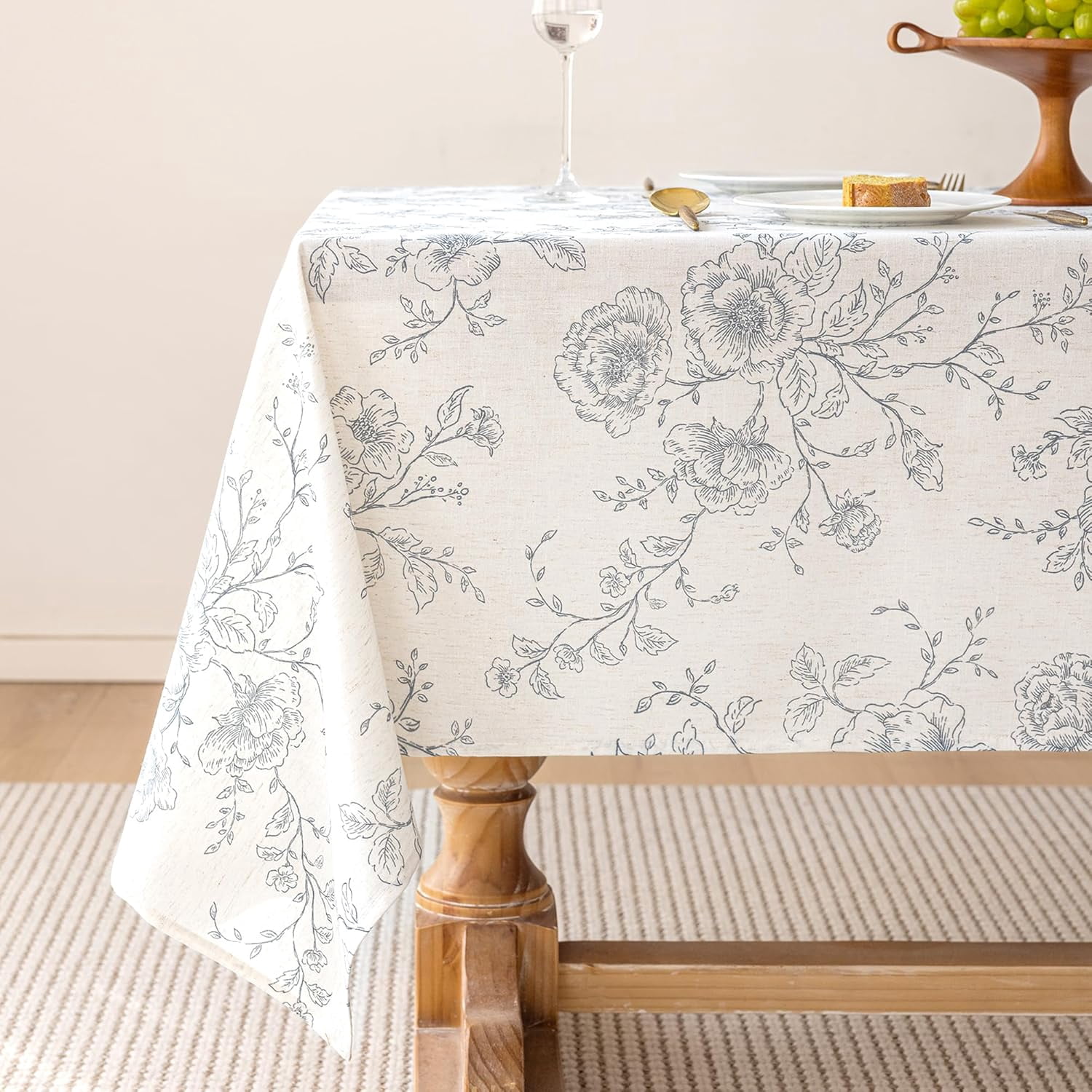 Floral Linen Tablecloth Wrinkle Resistant Vintage Farmhouse Tablecloth ...