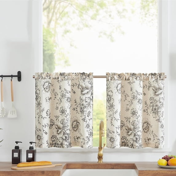 Floral Linen Tier Curtains 24 Inch Farmhouse Botanic Cafe Drapes for ...