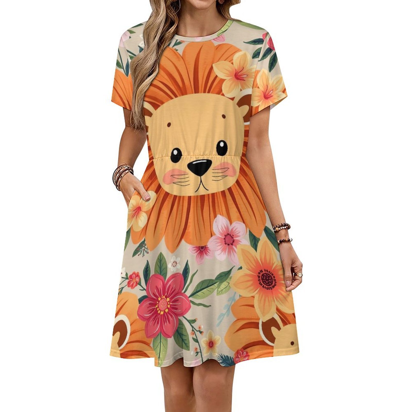 Floral Lion Cubs Cute Short Sleeve Dress Women Summer Evening Dresses ...
