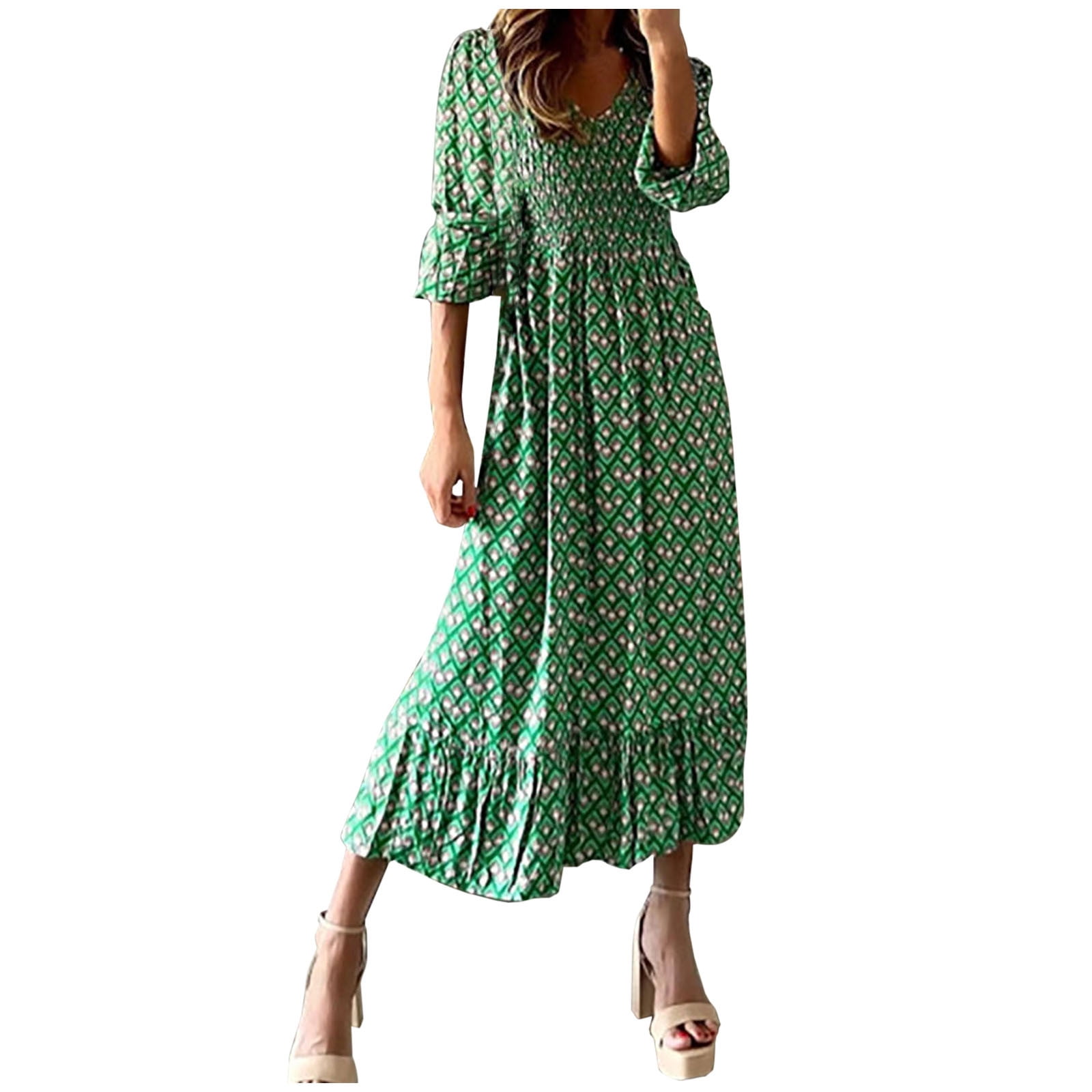 Floral Long Dress for Women Casual V-Neck 3/4 Sleeve Smocked High Waist ...
