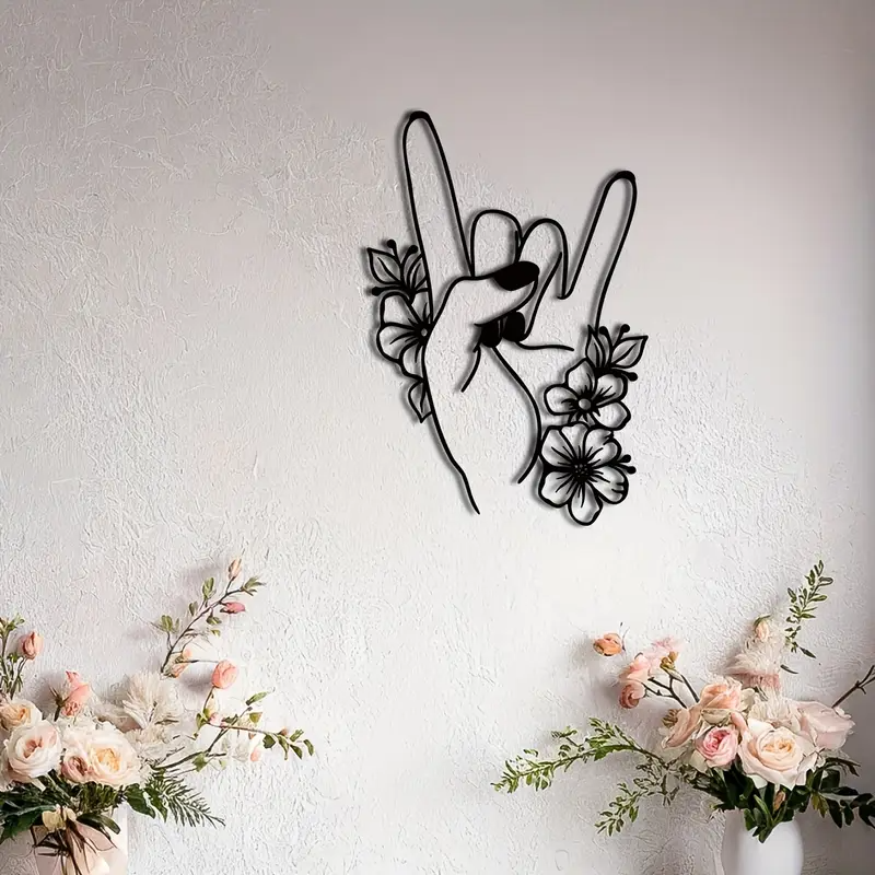 Floral Love You Hand Gesture Metal Wall Art, Unique Line Drawing Home ...
