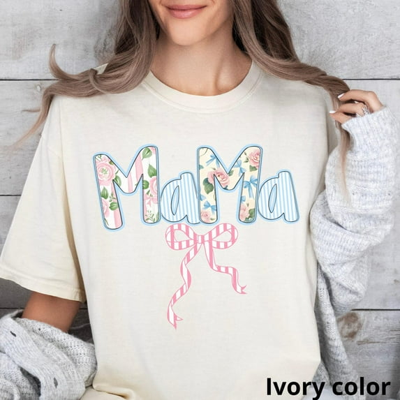 Floral MAMA Shirt with Bow, Cute Coquette Mom Tee Striped Flower ...