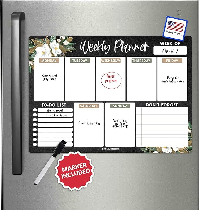 Floral Magnetic Weekly Calendar for Fridge Whiteboard - Weekly Dry ...