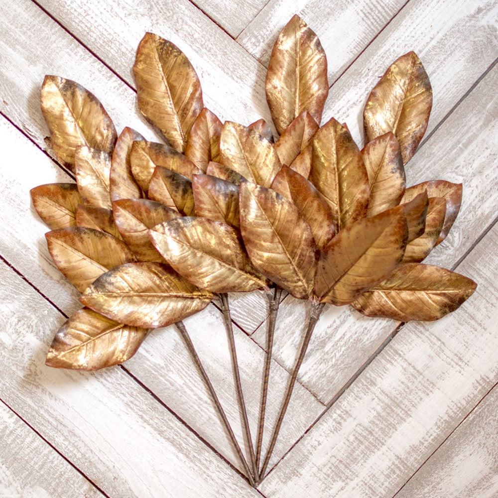 Floral Magnolia Leaf Sprigs Artificial Branches 24 in Bronze & Gold 12 ...