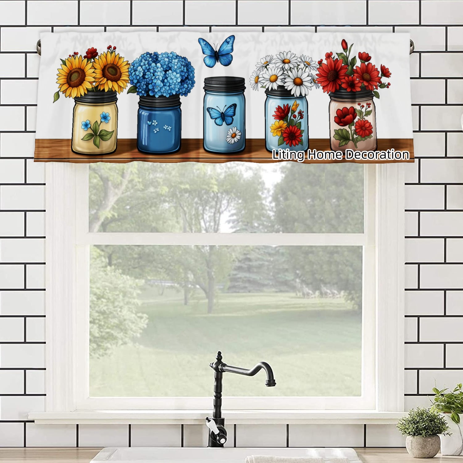 Floral Mason Jar kitchen Curtain Valances for Windows With Butterflies ...