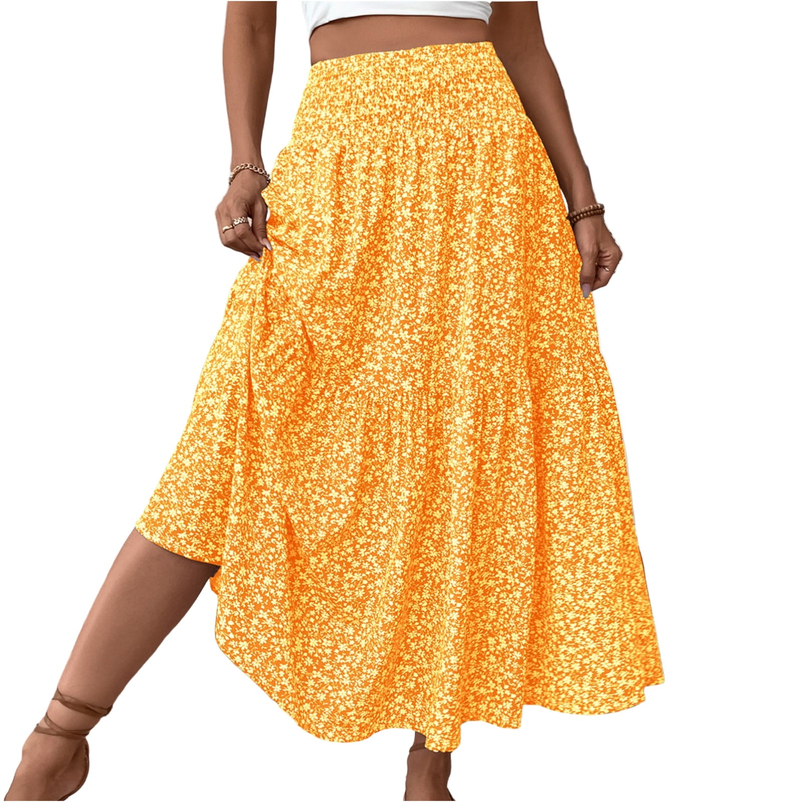Floral Maxi Skirt Women Smocked High Waisted A Line Long Flowy Skirts ...