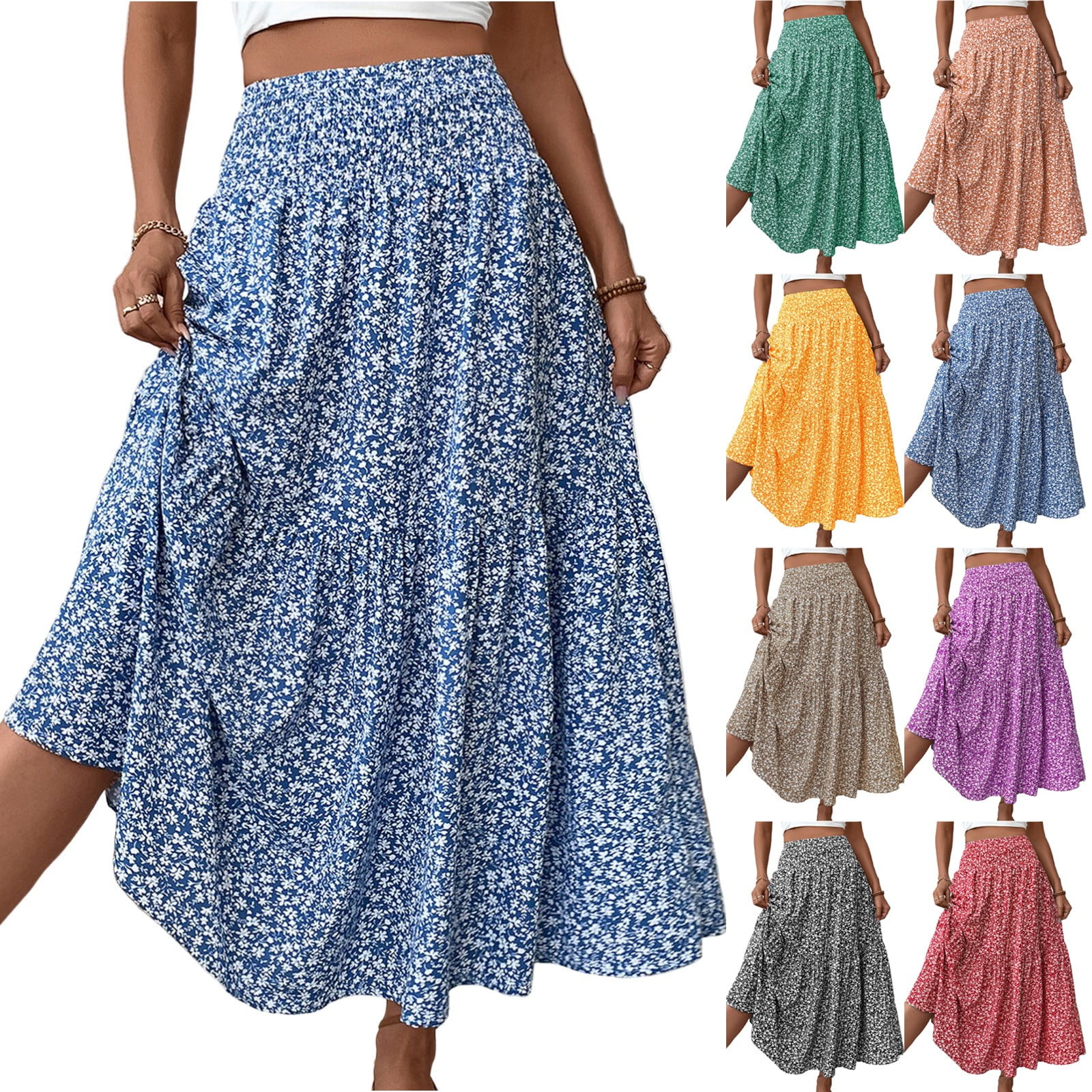Floral Maxi Skirt Women Smocked High Waisted A Line Long Flowy Skirts ...