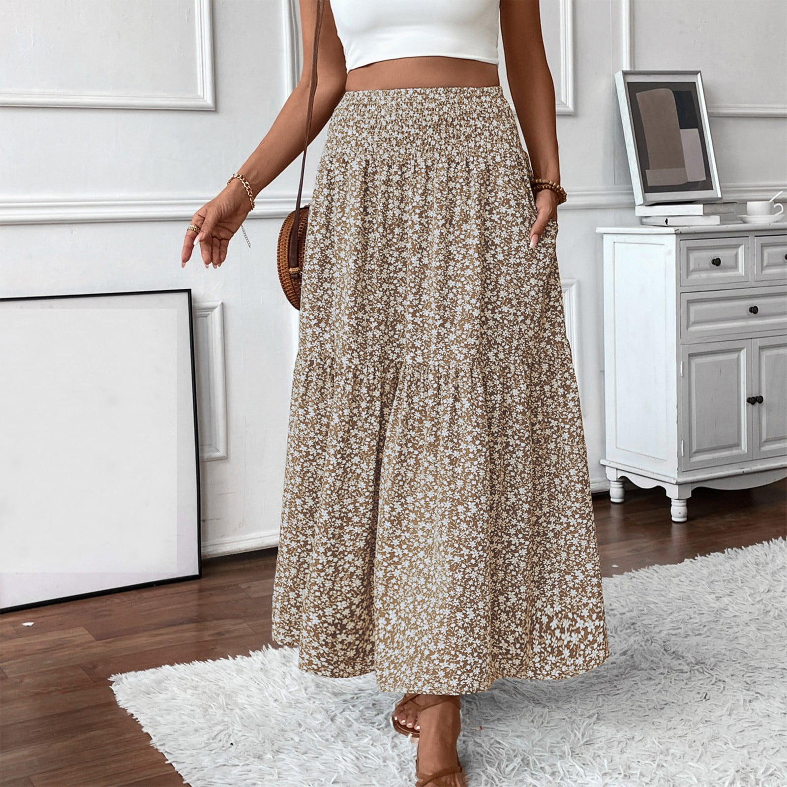 Long Skirts for Women Boho Floral High Waisted Casual A Line Skirt ...