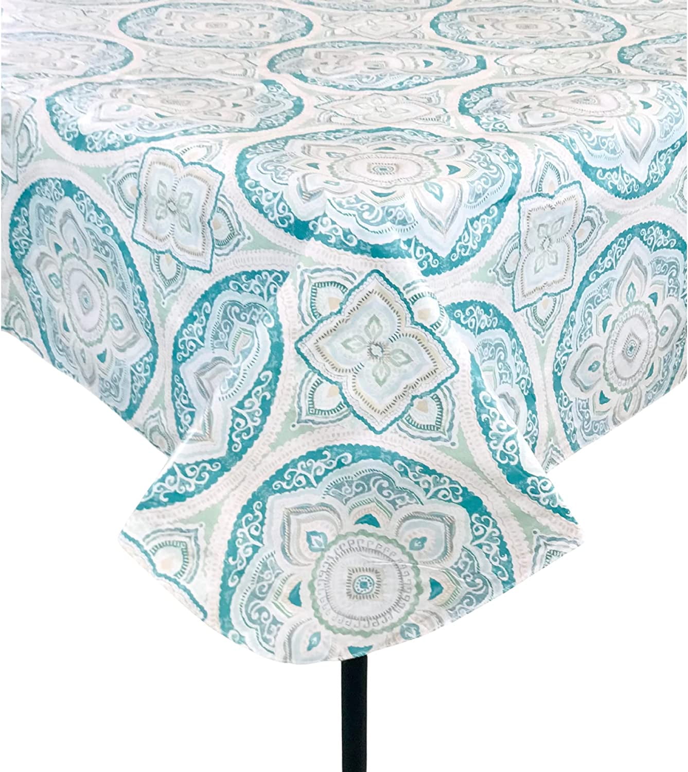 Floral Medallion Flannel Back Vinyl Tablecloth: Colorful Teal Mint ...