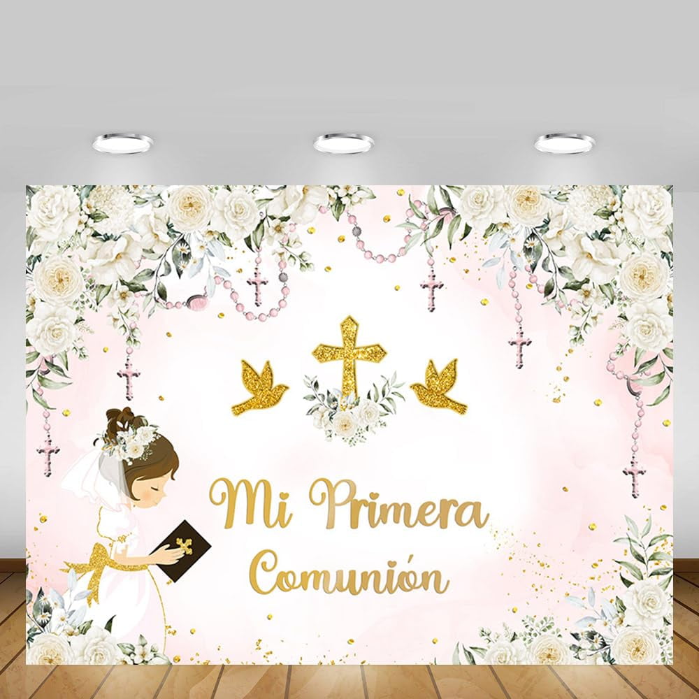 Floral Mi Primera Comunión Baptism Backdrop for Girl First Holy ...