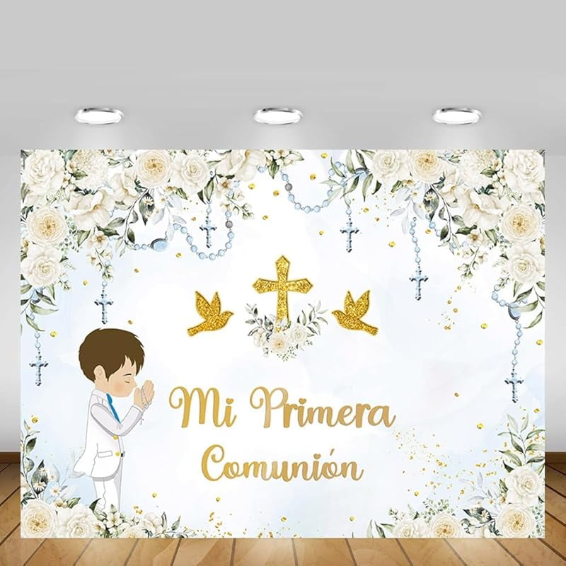 Floral Mi Primera Comunion Baptism Backdrop for Boy First Holy Communion Banner God Bless ...