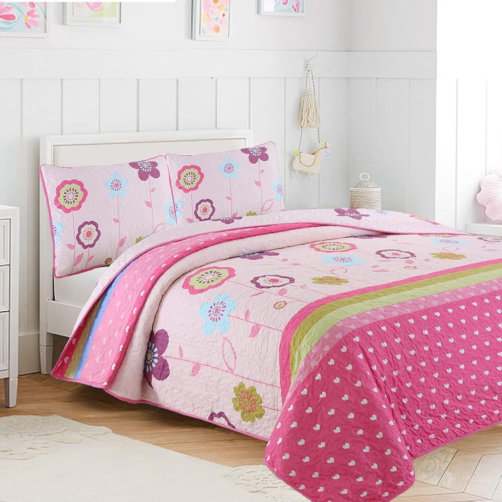Floral Microfiber Reversible Girls Coverlet Bedspread Quilt Set ...