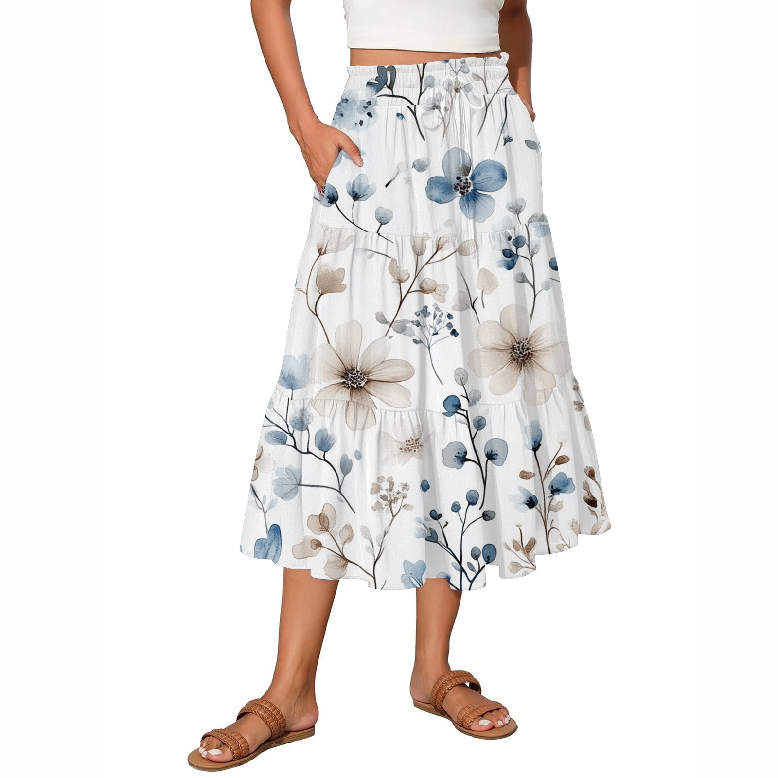 Floral Midi Skirt for Women Summer Comfy Tiered Elastic High Waisted ...
