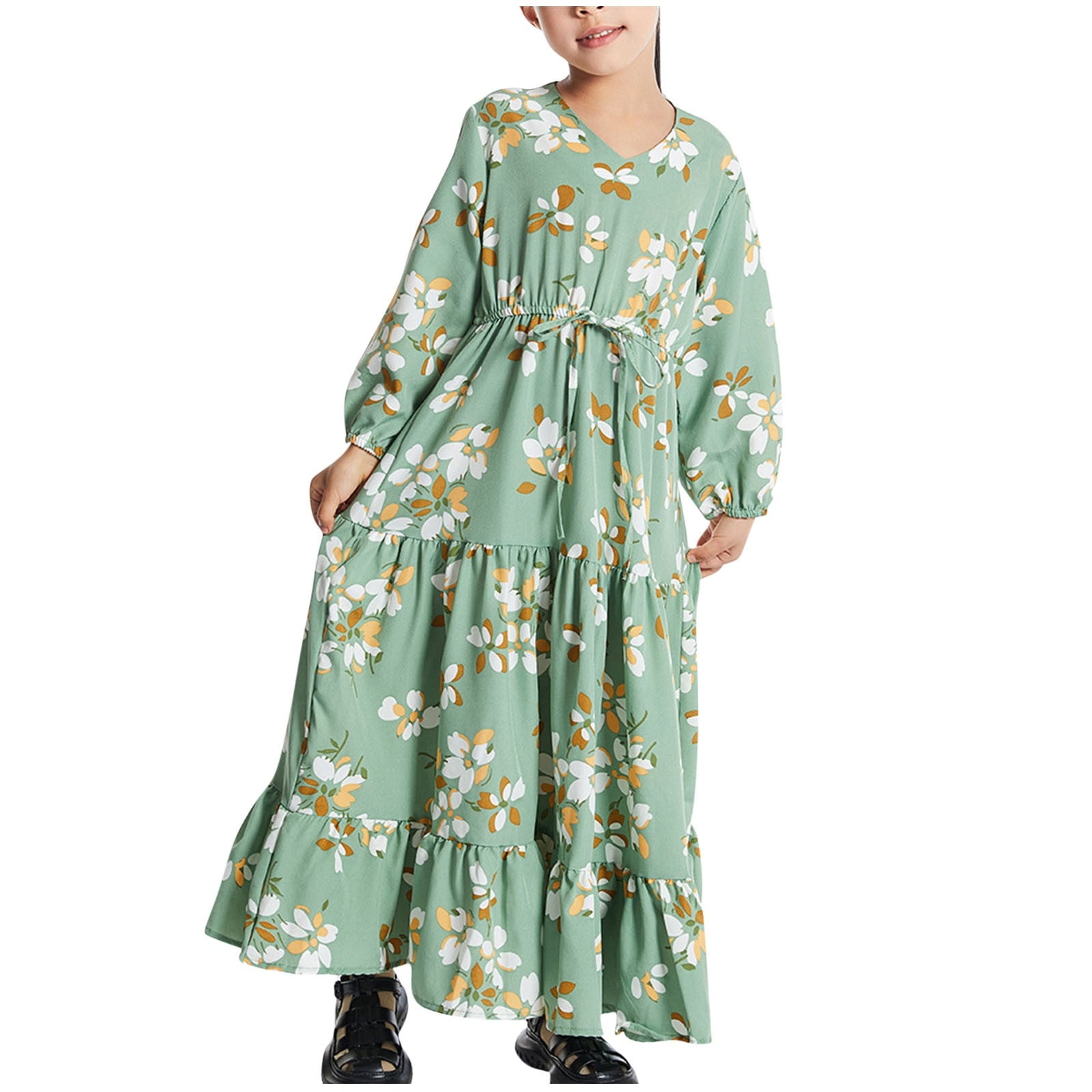 Floral Modest Dress for Girls Long Sleeve Muslim Maxi Dresses ...