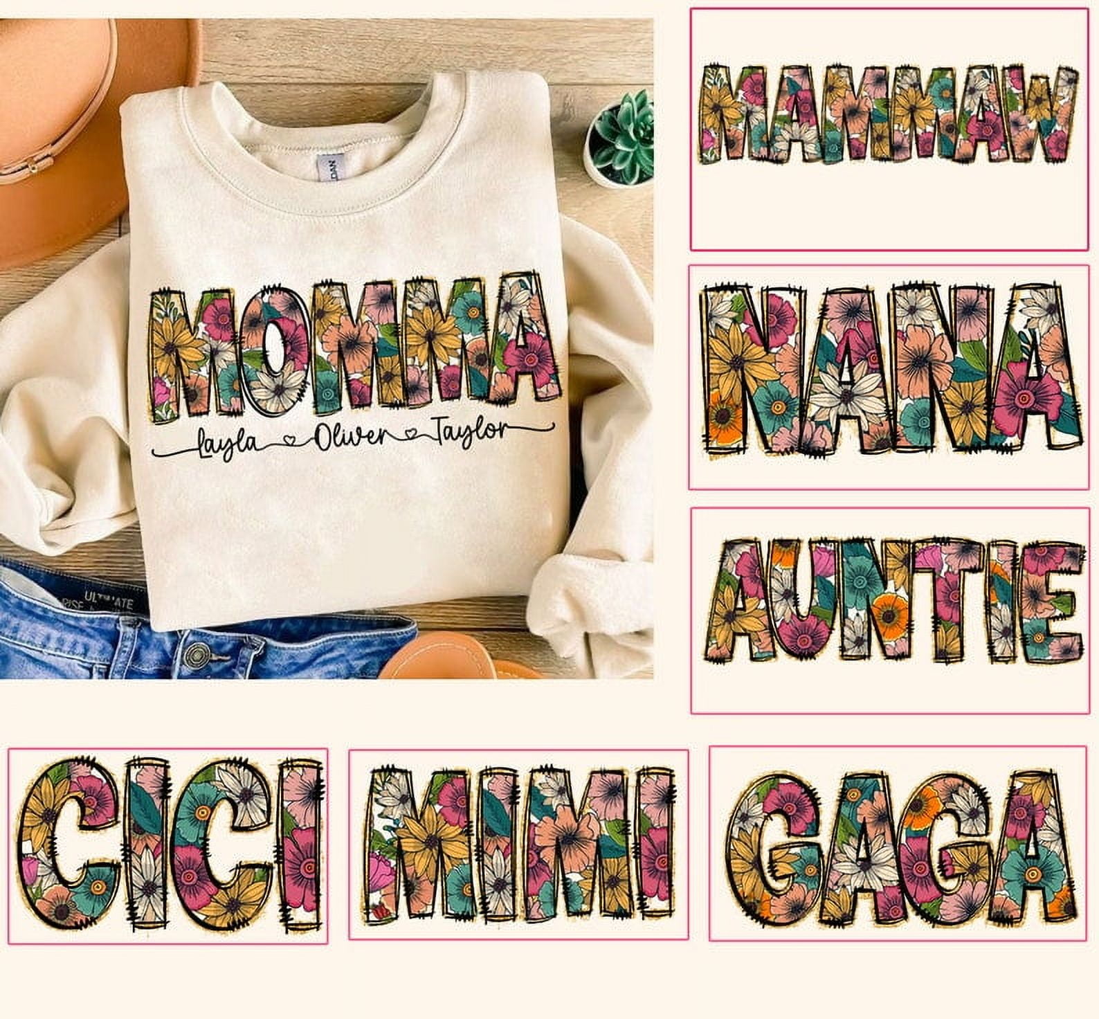 Floral Momma Nana Bundle Flower Glitter Cici Auntie Gaga Flower with s ...