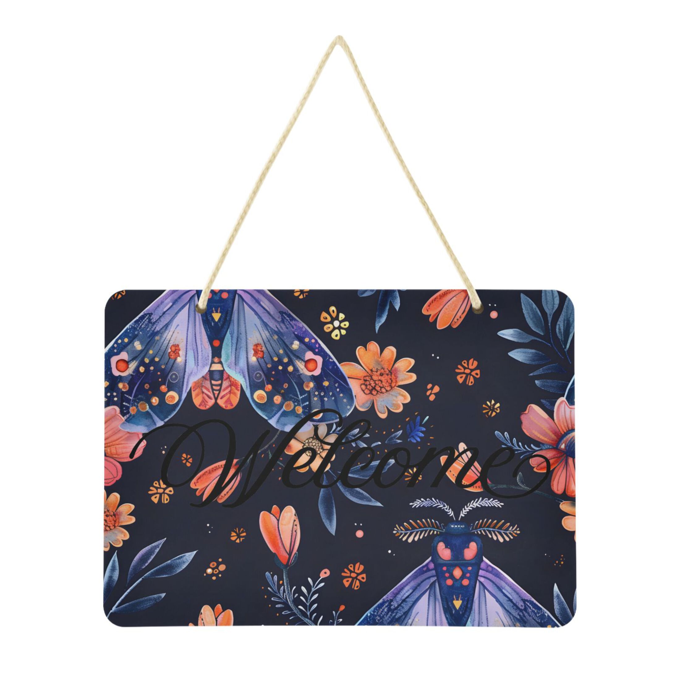 Floral Moths and Flower Welcome Sign Front Door PVC 14x10 inch Hanger ...