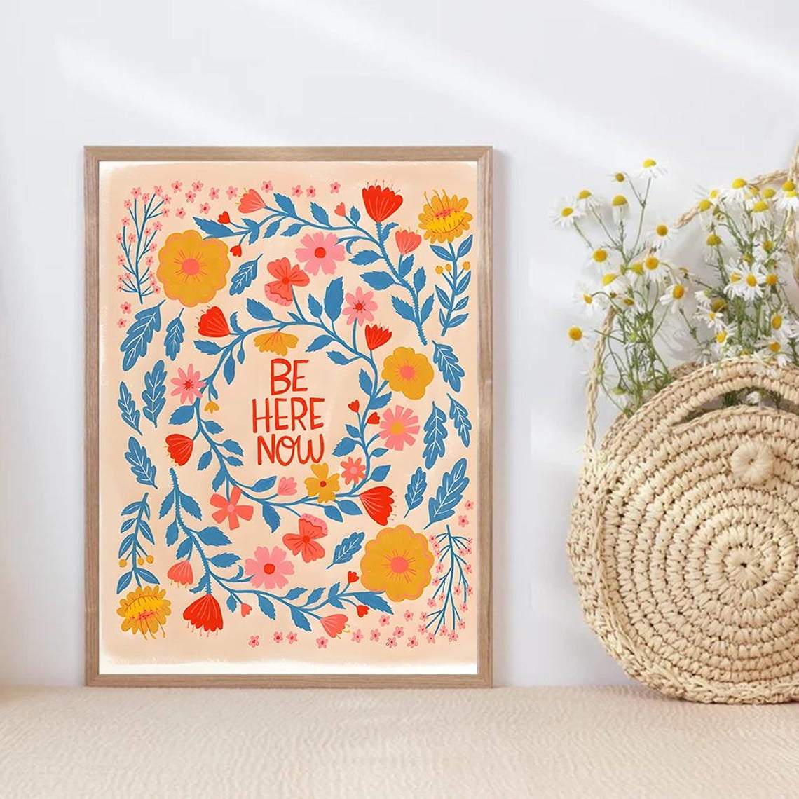 Floral Motivational Art Poster Be Here Now Positive Quote UNFRAMED ...