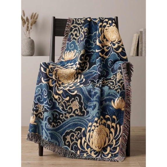 Floral Navy Blue Chrysanthemum Woven Throw Blanket, Cotton with Fringed ...