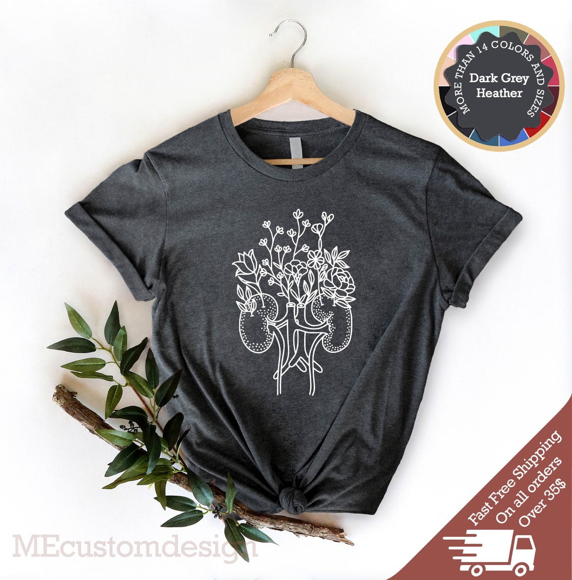 Floral Neys Shirt, Human Organs Graphic Tee, Dialysis Nurse, Nephrology ...