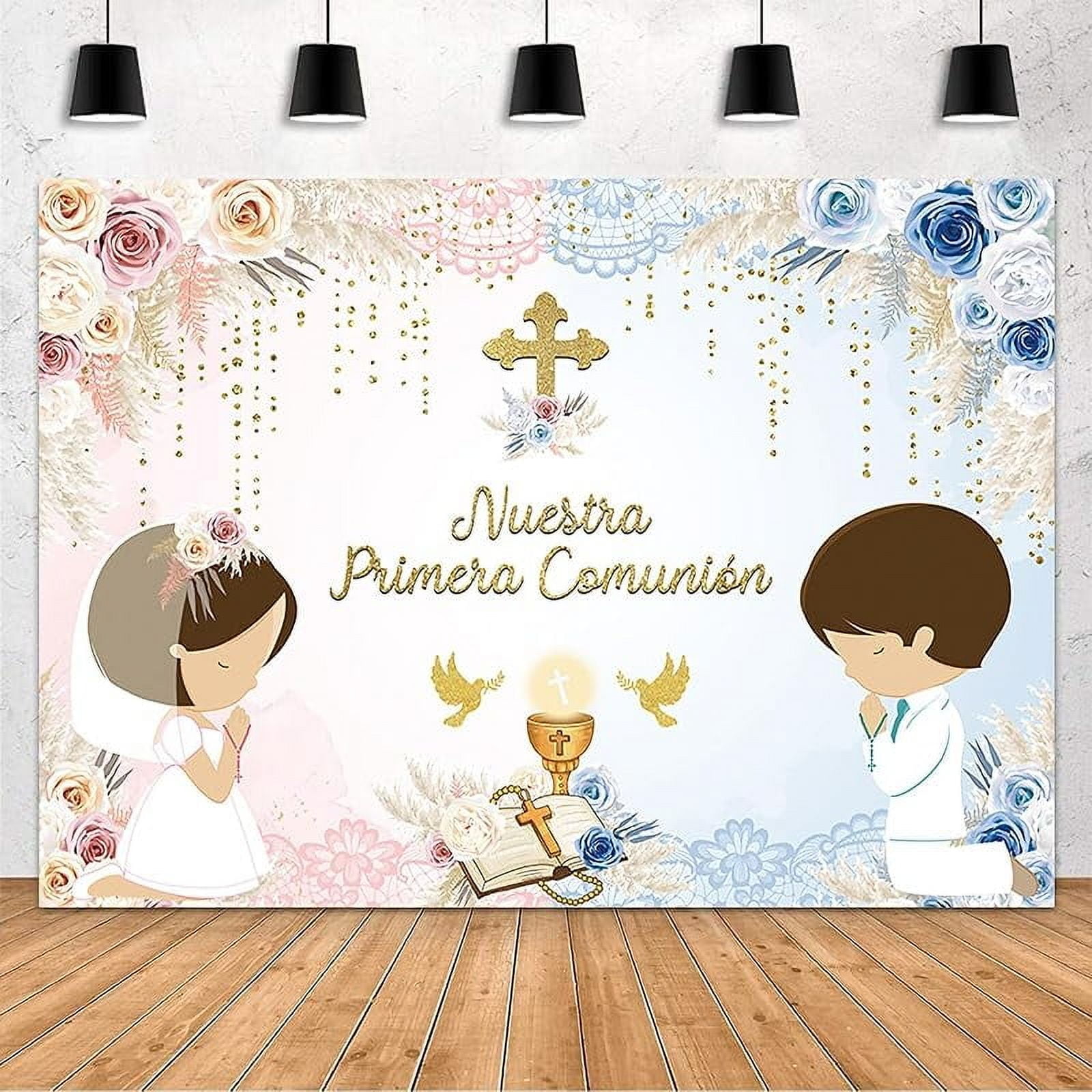 Floral Nuestra Primera Comunión Baptism Backdrop for Boy and Girl ...
