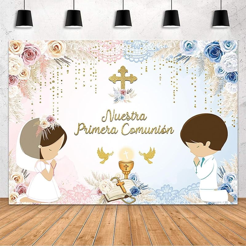 Floral Nuestra Primera Comunión Baptism Backdrop for Boy and Girl Siblings First Holy Communion ...