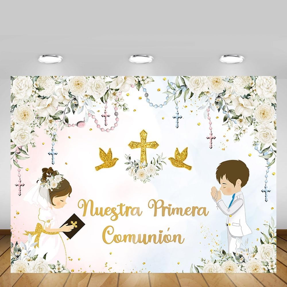 Floral Nuestra Primera Comunión Baptism Backdrop for Boy and Girl ...